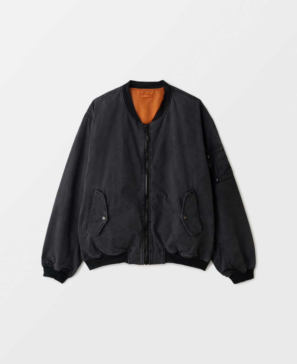 SUN FADED WASH DOUBLE FACE COTTON NON PADDED BOMBER JACKET - BLACK 1 ...